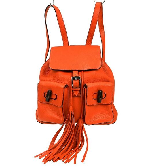 Gucci | Bags | Gucci Bamboo Tassel Backpack Leather Orange Leather ...